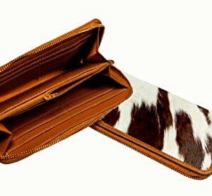 Womens Zipper Wristlet Cowhide Clutch Real Leather Wallet Purse, Handbag Organizer for women Size 8 x 4 Inches by NGF (CL-02 Brown & White (Zipper))