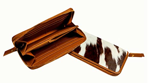 Womens Zipper Wristlet Cowhide Clutch Real Leather Wallet Purse, Handbag Organizer for women Size 8 x 4 Inches by NGF (CL-02 Brown & White (Zipper))