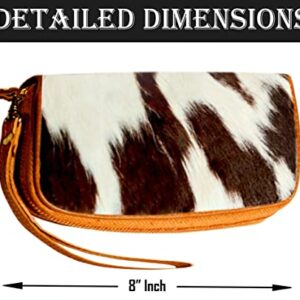 Womens Zipper Wristlet Cowhide Clutch Real Leather Wallet Purse, Handbag Organizer for women Size 8 x 4 Inches by NGF (CL-02 Brown & White (Zipper))