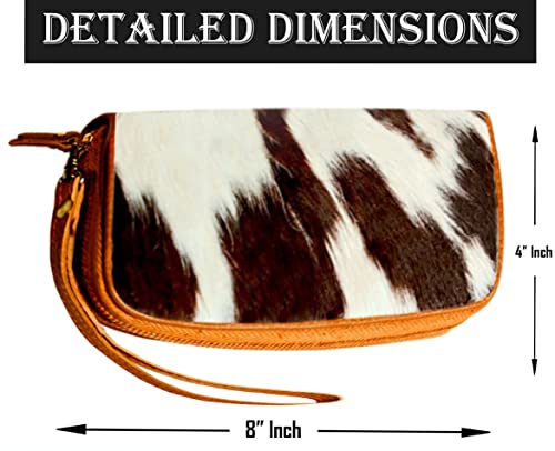 Womens Zipper Wristlet Cowhide Clutch Real Leather Wallet Purse, Handbag Organizer for women Size 8 x 4 Inches by NGF (CL-02 Brown & White (Zipper))