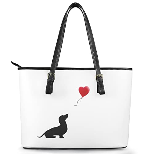 Jndtueit Dachshund Dog Women's Fashion Handbags, Black Puppy Silhouette Tote Bag Shoulder Leather Straps Chic Clutch Cags, Red Love Heart Balloon White Work Large Shoulder Bag