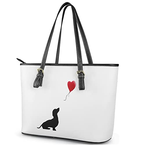 Jndtueit Dachshund Dog Women's Fashion Handbags, Black Puppy Silhouette Tote Bag Shoulder Leather Straps Chic Clutch Cags, Red Love Heart Balloon White Work Large Shoulder Bag