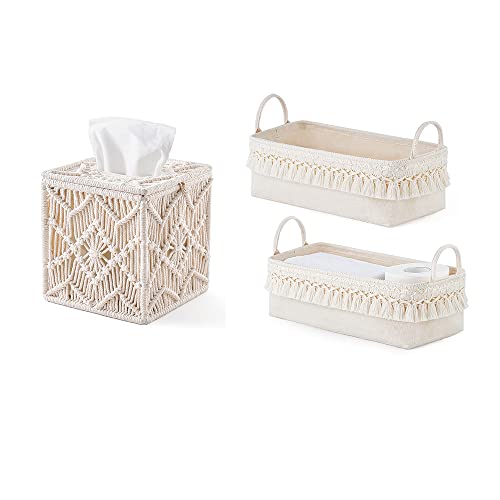 Mkono Macrame Tissue Box Cover and Boho Storage Baskets Organizer for Home Bedroom Living Room College Dorm Bed, Set of 3