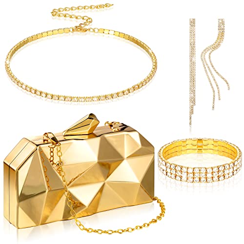 4 Pieces Women Lattice Pattern Metal Handbag Chain Geometric Evening Clutch Purse Gold Rhinestone Rectangle Dangle Earrings Bridal Wedding Choker Bracelet Dangle Bling Glitter Purse