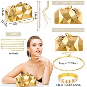 4 Pieces Women Lattice Pattern Metal Handbag Chain Geometric Evening Clutch Purse Gold Rhinestone Rectangle Dangle Earrings Bridal Wedding Choker Bracelet Dangle Bling Glitter Purse