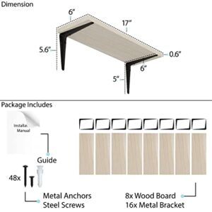 brightmaison BGT Myra 17"x6" Floating Shelves, Wall Bookshelf for Living Room, Kitchen Shelves, Wall Shelves for Bedroom, Floating Shelf for Dining Room & Office Natural Finish Set of 8