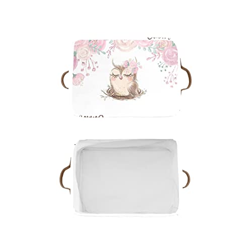 Pink Cute Floral Owl Personalized Storage Bins Box Baskets with Handle Cubes Clothes Basket Box for Women Christmas Office Holiday 1 Pack