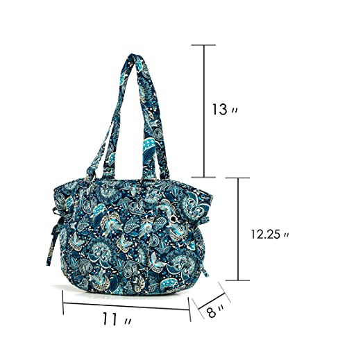 Women Signature Cotton Tote bags for women handbags with handles Medium Size Shoulder Bag Quilted Teacher Work Tote Bag (Peacock)