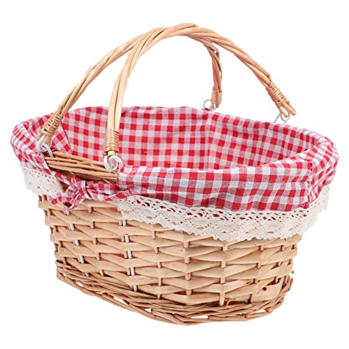 Woven Picnic Basket with Handles: Wicker Basket Eggs Candy Basket with Red and White Gingham Blanket Lining for Egg Gathering, Wedding, Candy Gift