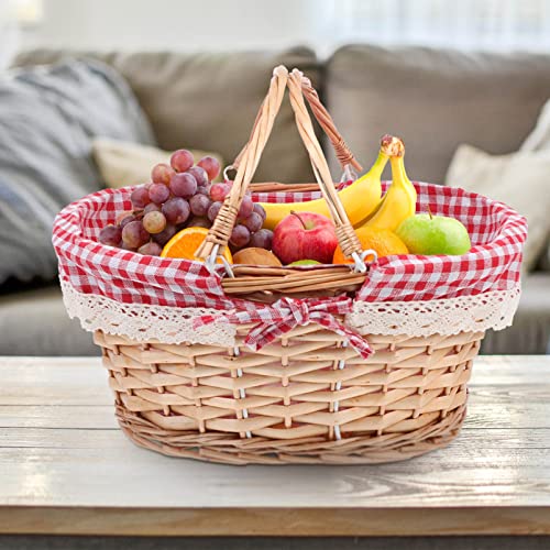 Woven Picnic Basket with Handles: Wicker Basket Eggs Candy Basket with Red and White Gingham Blanket Lining for Egg Gathering, Wedding, Candy Gift