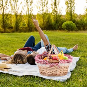 Woven Picnic Basket with Handles: Wicker Basket Eggs Candy Basket with Red and White Gingham Blanket Lining for Egg Gathering, Wedding, Candy Gift