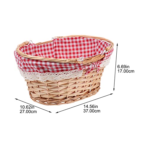 Woven Picnic Basket with Handles: Wicker Basket Eggs Candy Basket with Red and White Gingham Blanket Lining for Egg Gathering, Wedding, Candy Gift