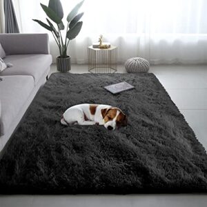 alaise shaggy area rug fluffy carpets, 3×5 feet black rug for bedroom living room, upgraded anti-slip durable memory foam throw rug for home decor kids room nursery dorm easy to clean