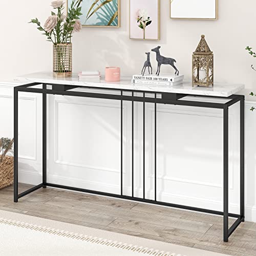 63" Modern Console Table, Rectangular Sofa Side Table with Faux Marble Tabletop Narrow Long Entryway Table with Black Metal Frame for Living Room, Couch, Hallway, Foyer, Kitchen Counter, White+Black