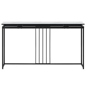 63" Modern Console Table, Rectangular Sofa Side Table with Faux Marble Tabletop Narrow Long Entryway Table with Black Metal Frame for Living Room, Couch, Hallway, Foyer, Kitchen Counter, White+Black