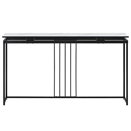 63" Modern Console Table, Rectangular Sofa Side Table with Faux Marble Tabletop Narrow Long Entryway Table with Black Metal Frame for Living Room, Couch, Hallway, Foyer, Kitchen Counter, White+Black