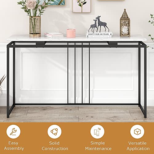 63" Modern Console Table, Rectangular Sofa Side Table with Faux Marble Tabletop Narrow Long Entryway Table with Black Metal Frame for Living Room, Couch, Hallway, Foyer, Kitchen Counter, White+Black