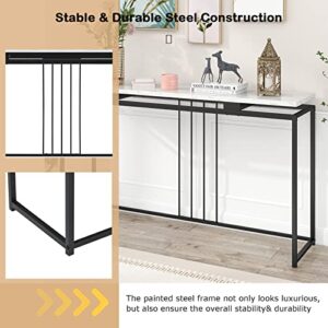 63" Modern Console Table, Rectangular Sofa Side Table with Faux Marble Tabletop Narrow Long Entryway Table with Black Metal Frame for Living Room, Couch, Hallway, Foyer, Kitchen Counter, White+Black