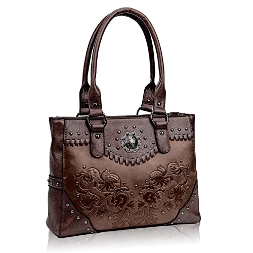 LAVAWA Tote Bag for Women Large Concealed Carry Purse Ladies Top Handle Shoulder Handbags Vintage Embossed Concho Studs (Coffee)…