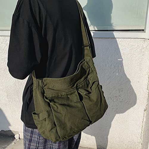 Canvas Tote Bag Hobo Crossbody Handbag Big Capacity Messenger Bag with Multiple Pockets Casual Shoulder Bag for Women Men (A-Army Green)