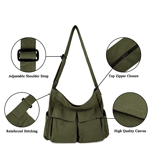 Canvas Tote Bag Hobo Crossbody Handbag Big Capacity Messenger Bag with Multiple Pockets Casual Shoulder Bag for Women Men (A-Army Green)