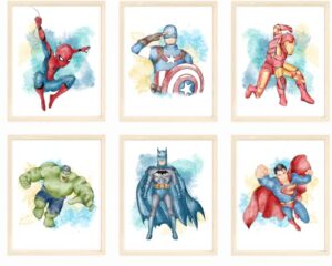 nistio® superhero wall decor, superhero wall art for boys bedroom, avengers prints, set of 6 prints, iron man, spiderman, captain america, hulk, batman, superman, unframed, 8×10 inches