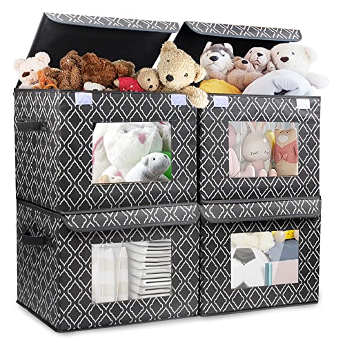 Large Collapsible Storage Bins with Lids, 17" x 12" x 12" Fabric Storage Cube Boxes Organizer Baskets with Reinforce Handles for Clothes, Toys, Books, Closet, Shelves, Kids Room, Office (4 Pack,Gray)