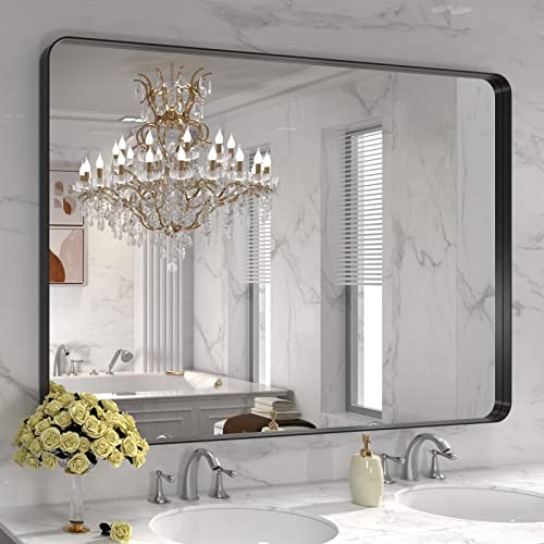 LOAAO 48X32 Inch Black Metal Framed Bathroom Mirror for Wall, Matte Black Bathroom Vanity Mirror Farmhouse, Large Rounded Rectangle Mirror, Anti-Rust, Tempered Glass, Hangs Horizontally or Vertically