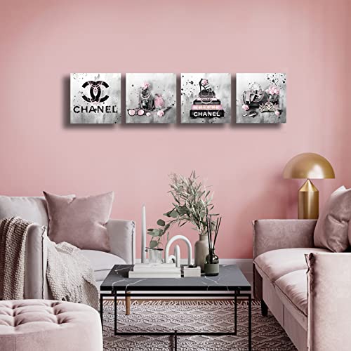 Fashion Pink Wall Decorations - Grey Wall Decor for Bedroom - Women Satchel Painting Pictures Wall Art - Book Canvas Prints for Home Decor 10"x 10"x 4 Panel