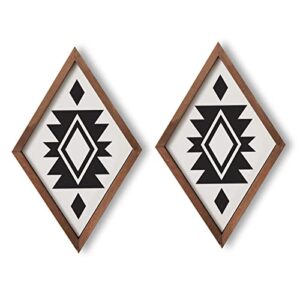 mokof 2 pack wood wall decor, boho art, diamond framed black and white geometric art decor for bedroom living room, southwestern wall sign prints on wooden board (not print paper)