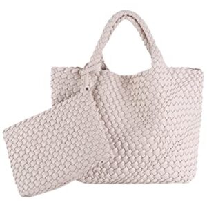 Large Woven Tote Handbags Women Designer Vegan Leather Shoulder Top-Handle Travel Tote Bag Lady Underarm Shopper Bags + Purse Beige