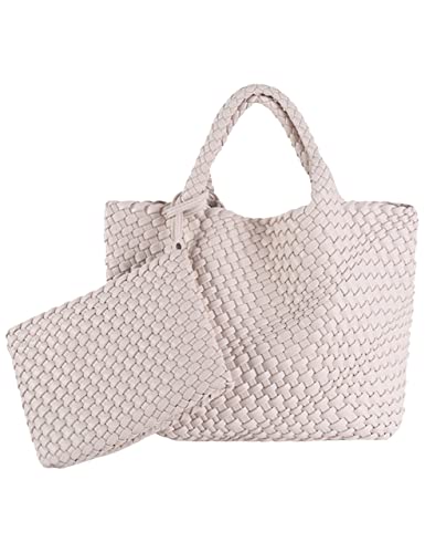 Large Woven Tote Handbags Women Designer Vegan Leather Shoulder Top-Handle Travel Tote Bag Lady Underarm Shopper Bags + Purse Beige