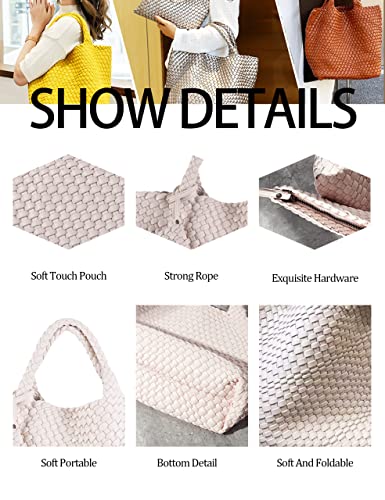 Large Woven Tote Handbags Women Designer Vegan Leather Shoulder Top-Handle Travel Tote Bag Lady Underarm Shopper Bags + Purse Beige