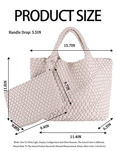 Large Woven Tote Handbags Women Designer Vegan Leather Shoulder Top-Handle Travel Tote Bag Lady Underarm Shopper Bags + Purse Beige