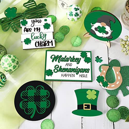 St. Patrick's Day Tiered Tray Decor Set Include Rustic Shamrock Gnome Truck Wood Sign Cutout Letter Sign for St. Patrick's Day Table Home Kitchen Bar Decoration (Green Style, 12 Pcs)