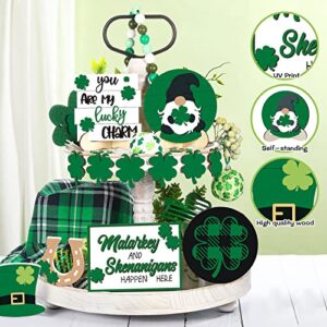 St. Patrick's Day Tiered Tray Decor Set Include Rustic Shamrock Gnome Truck Wood Sign Cutout Letter Sign for St. Patrick's Day Table Home Kitchen Bar Decoration (Green Style, 12 Pcs)