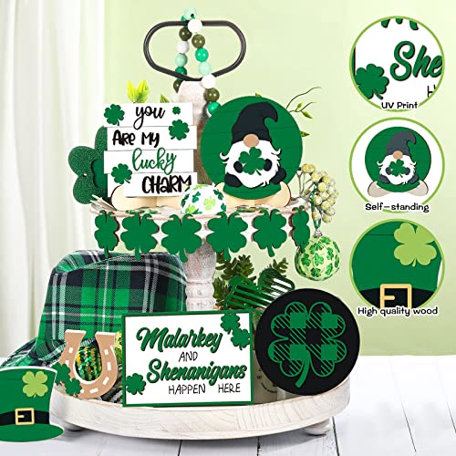 St. Patrick's Day Tiered Tray Decor Set Include Rustic Shamrock Gnome Truck Wood Sign Cutout Letter Sign for St. Patrick's Day Table Home Kitchen Bar Decoration (Green Style, 12 Pcs)