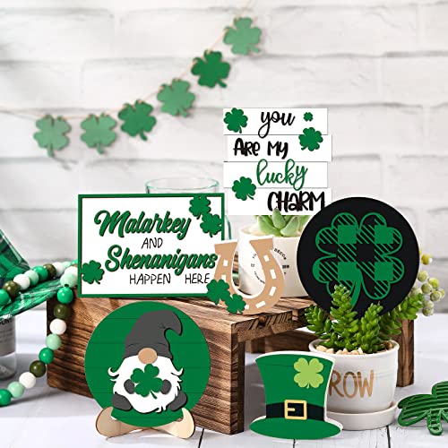 St. Patrick's Day Tiered Tray Decor Set Include Rustic Shamrock Gnome Truck Wood Sign Cutout Letter Sign for St. Patrick's Day Table Home Kitchen Bar Decoration (Green Style, 12 Pcs)