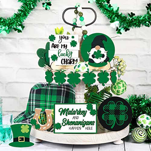 St. Patrick's Day Tiered Tray Decor Set Include Rustic Shamrock Gnome Truck Wood Sign Cutout Letter Sign for St. Patrick's Day Table Home Kitchen Bar Decoration (Green Style, 12 Pcs)