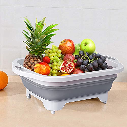 Ugusiu grey collapsible basin, multifunctional collapsible chopping board, multipurpose premium kitchen vegetable washing basket silicone tray, suitable for travel camping and barbecue use…