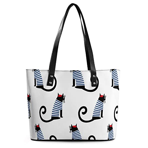 Womens Handbag French Parisian Cat Pattern Leather Tote Bag Top Handle Satchel Bags For Lady