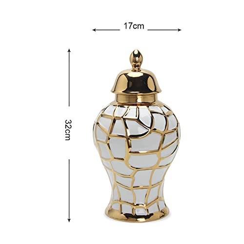 Gralara Luxury Vase Ceramic Ginger Jar with Lid, Decorative Temple Jar, Tea Tin/Tea Storage Flower Vase for Home Kitchen Dining Decoration, White Gold