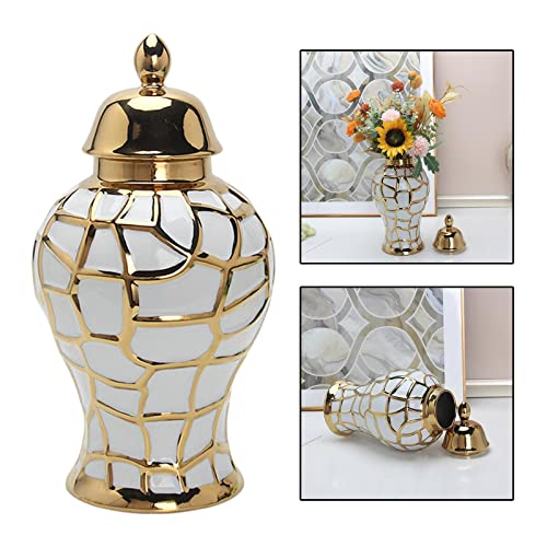 Gralara Luxury Vase Ceramic Ginger Jar with Lid, Decorative Temple Jar, Tea Tin/Tea Storage Flower Vase for Home Kitchen Dining Decoration, White Gold