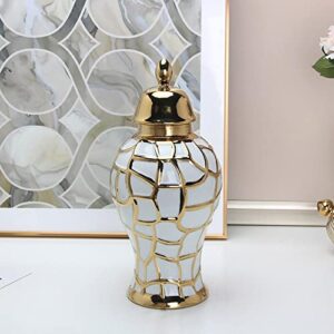 Gralara Luxury Vase Ceramic Ginger Jar with Lid, Decorative Temple Jar, Tea Tin/Tea Storage Flower Vase for Home Kitchen Dining Decoration, White Gold