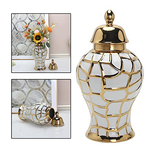 Gralara Luxury Vase Ceramic Ginger Jar with Lid, Decorative Temple Jar, Tea Tin/Tea Storage Flower Vase for Home Kitchen Dining Decoration, White Gold