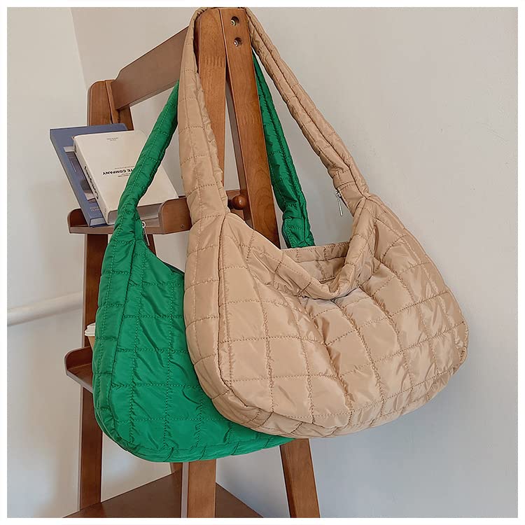 Puffer Bag Quilted Down Cotton Padding Shoulder Bag for Women Large Puffy Tote Bag Autumn Winter Lightweight Crossbody Handbag (Khaki)