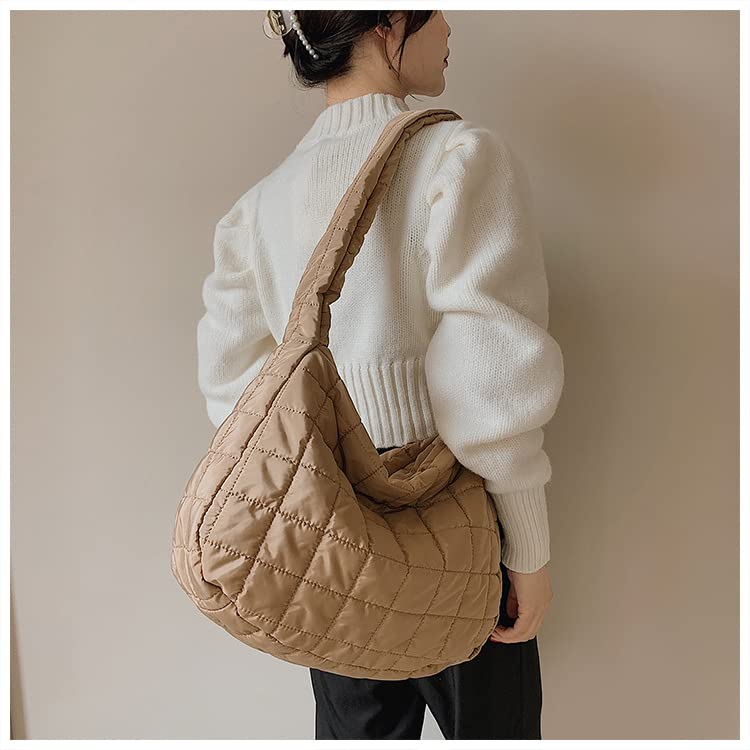 Puffer Bag Quilted Down Cotton Padding Shoulder Bag for Women Large Puffy Tote Bag Autumn Winter Lightweight Crossbody Handbag (Khaki)