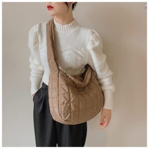 Puffer Bag Quilted Down Cotton Padding Shoulder Bag for Women Large Puffy Tote Bag Autumn Winter Lightweight Crossbody Handbag (Khaki)