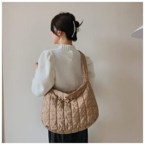 Puffer Bag Quilted Down Cotton Padding Shoulder Bag for Women Large Puffy Tote Bag Autumn Winter Lightweight Crossbody Handbag (Khaki)