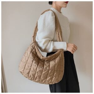 Puffer Bag Quilted Down Cotton Padding Shoulder Bag for Women Large Puffy Tote Bag Autumn Winter Lightweight Crossbody Handbag (Khaki)